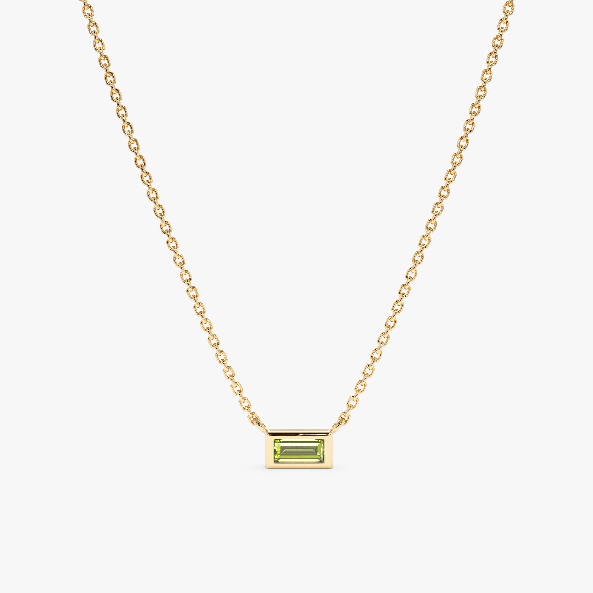 Natural Baguette Cut Peridot Necklace Handmade Jewelry 18K Yellow Gold 16 Inches