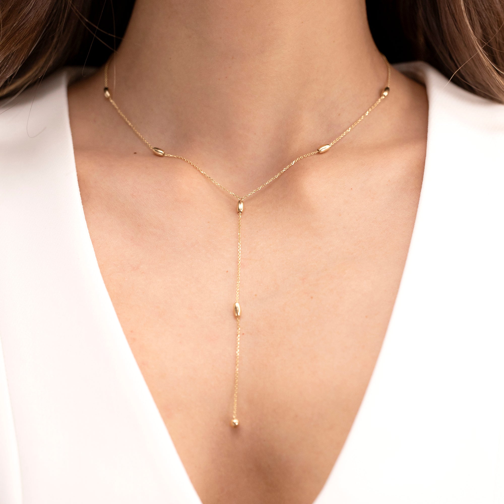 Solid Gold Beaded Lariat Necklace