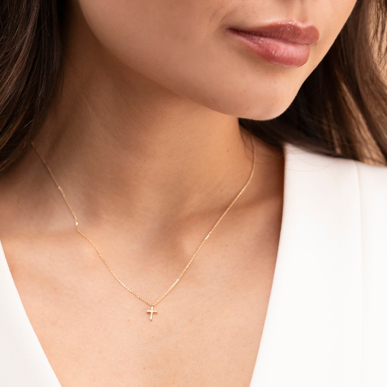 Mini Diamond Cross Necklace Handmade Jewelry 18K White Gold 17 Inches