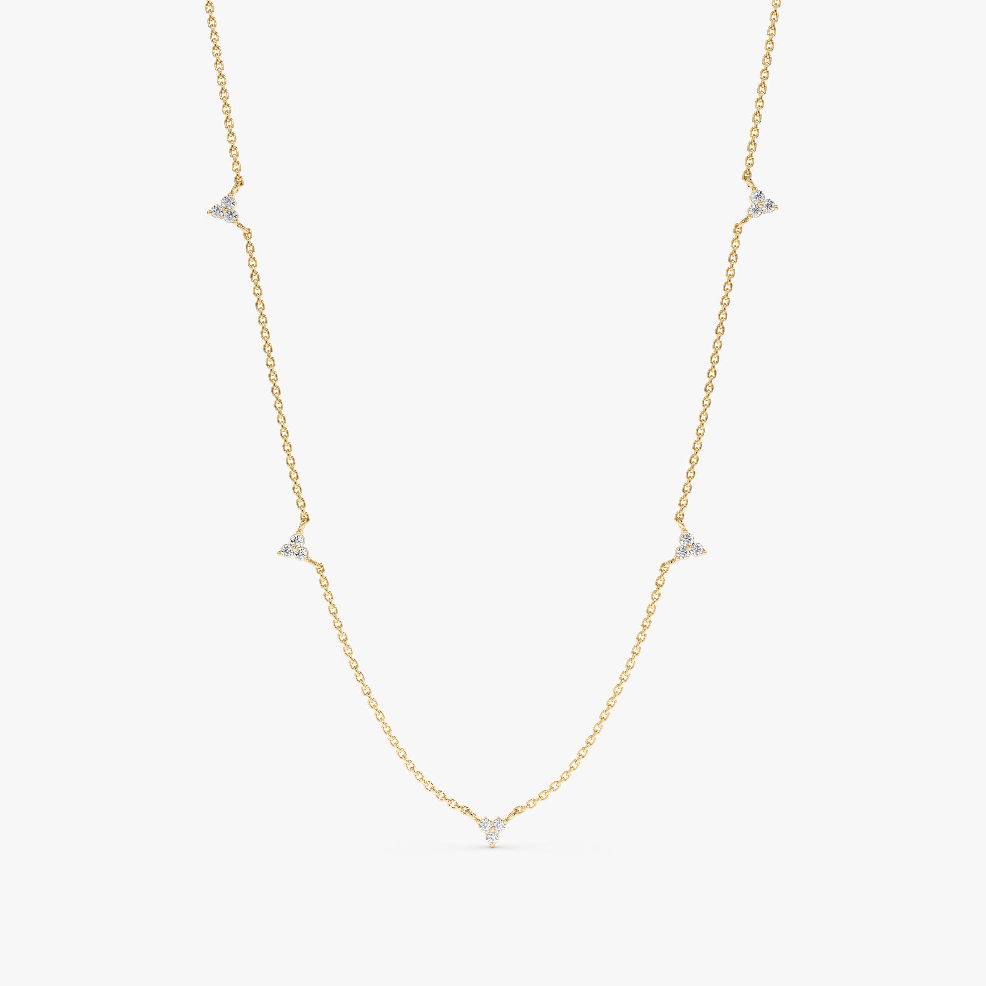 3 Natural Diamond Cluster 5 Station Necklace In Solid Gold