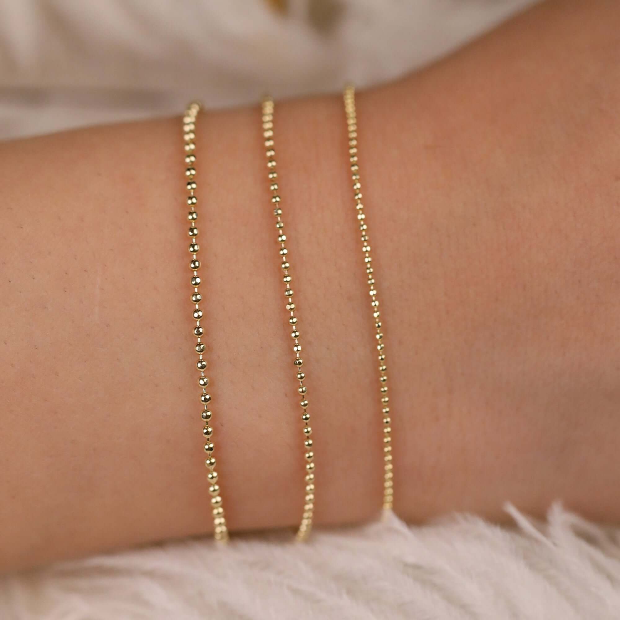 Handmade In 14k Solid Gold Bead Ball Chain Bracelet, 3 Sizes