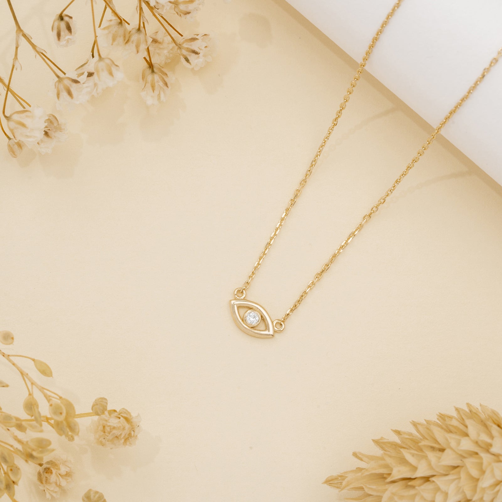 Single Diamond Lucky Eye Gold Necklace Sarah Elise Jewelry 14K Yellow Gold 15 Inches